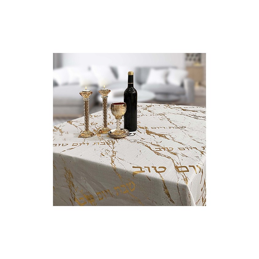 Nappe de Chabbat imprimée style marbré or, impression Chabbat veyomtov